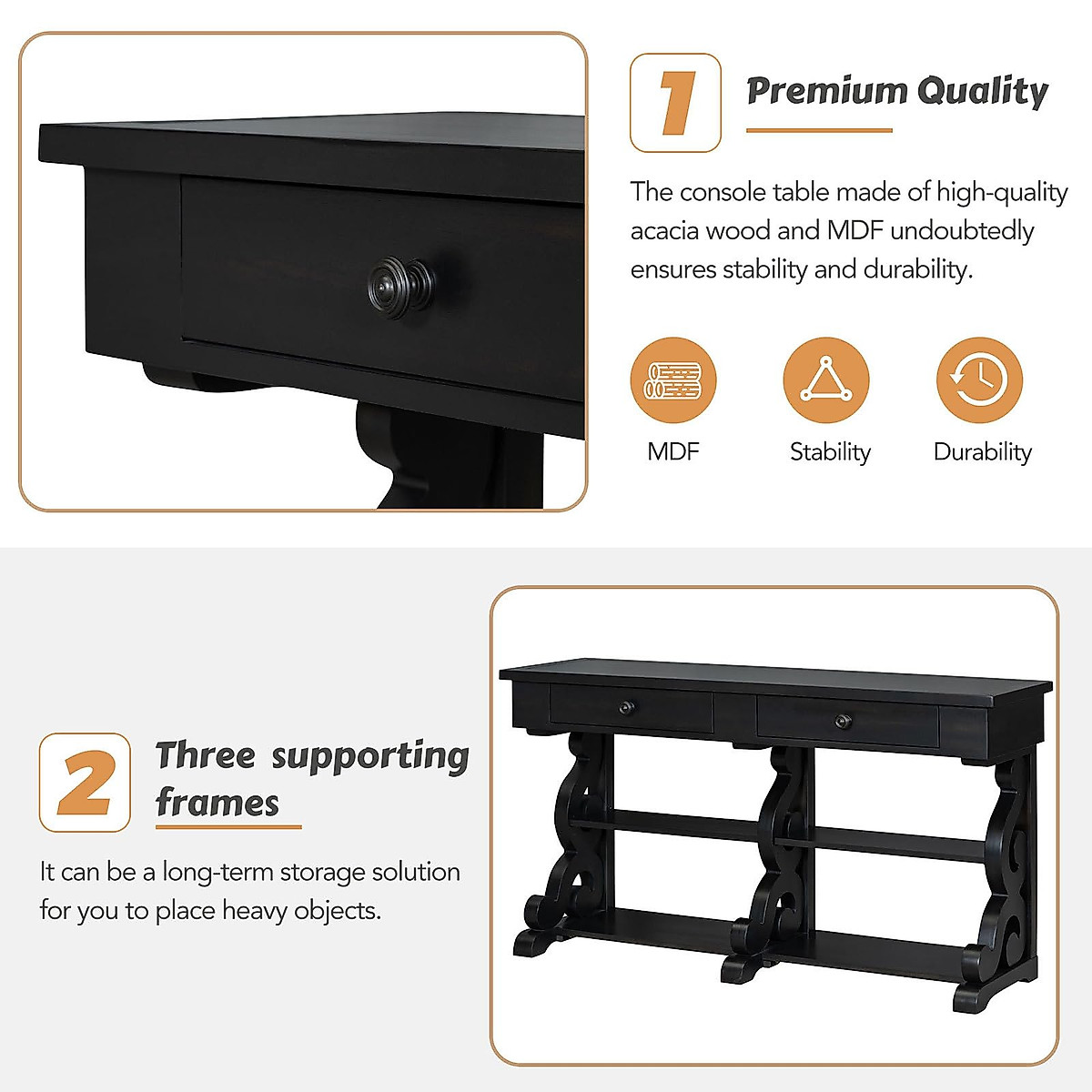 Retro Solid Wood Console Table with Ample Storage, Classic Sofa Table Sideboard Accent Entryway Table with 2 Drawers and Open Adjustable Shelves for Entrance Dinning Room Living Room (Antique Black)