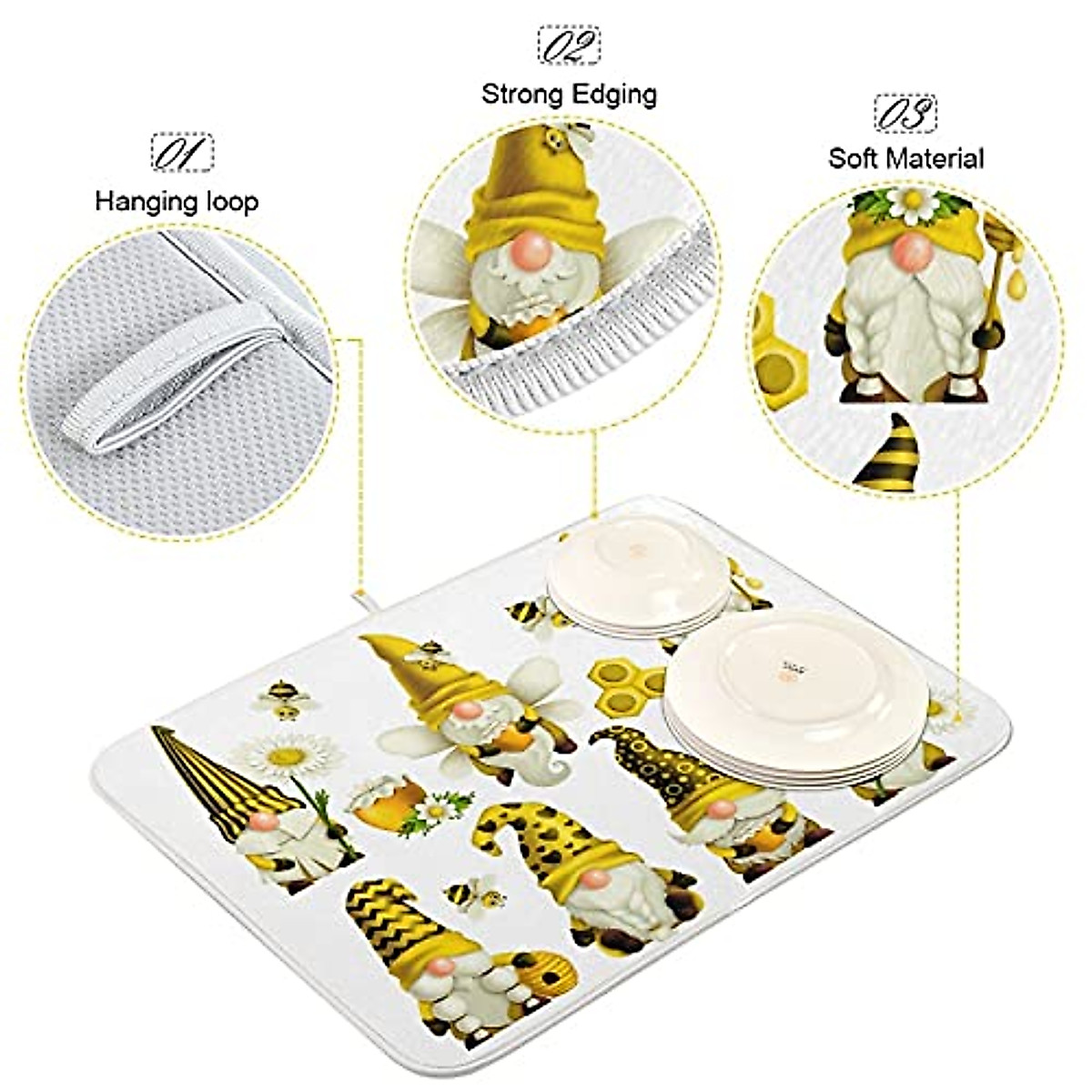 Yellow Gnomes Bee Absorbent Dish Drying Mat Reversible 16"x18",Summer Honey Sweet Drying Pad Protector for Kitchen Counter Sinks Dining Table
