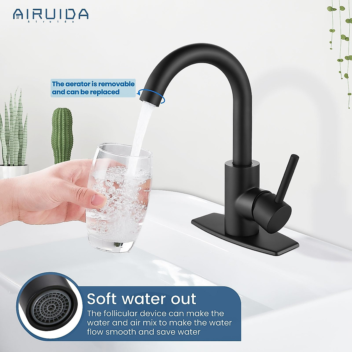 Airuida Matte Black Bar Sink Faucet Single Hole Single Handle Bathroom Sink Faucet Kitchen Small Prep Wet Farmhouse RV Lavatory Vanity Mixer Tap 360 Degree Swivel Spout with Pop Up Drain