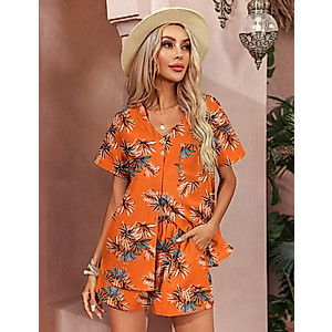 Ekouaer Womens Hawaiian 2 Piece Outfit Short Sleeve Button Down Shirt and Shorts Tracksuit Lounge Set