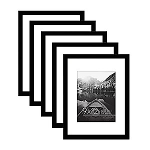 Americanflat 9x12 Picture Frame in Black - Set of 5 - Use as 6x8 Picture Frame with Mat or 9x12 Frame Without Mat - Plexiglass Cover and Sawtooth Hanging Hardware for Horizontal or Vertical Display