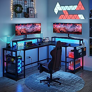 Gyfimoie L Shaped Desk with Power Outlet and LED Strip, 94'' Reversible Corner Computer Gaming Desk with Monitor Stand and Shelves, 2 Person Home Office Desk with Storage Bag and Hooks (Black)