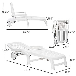Outsunny Folding Chaise Lounge Chair on Wheels with Storage Box, Lightweight Plastic Sun Recliner with 5 Position Backrest for Beach & Pool, White