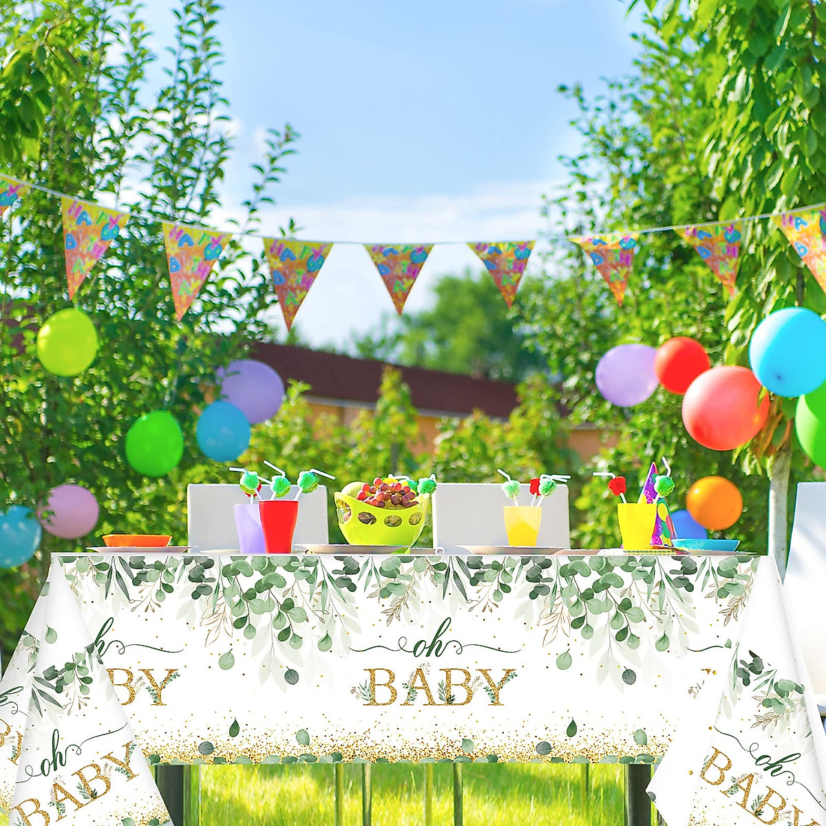 3 Pieces Sage Greenery Oh Baby Tablecloths for Baby Shower Party Decorations Plastic Disposable Gold Foil Eucalyptus Leaf Table Covers for Rectangle Tables Sage Boho Woodland Neutral Party Supplies