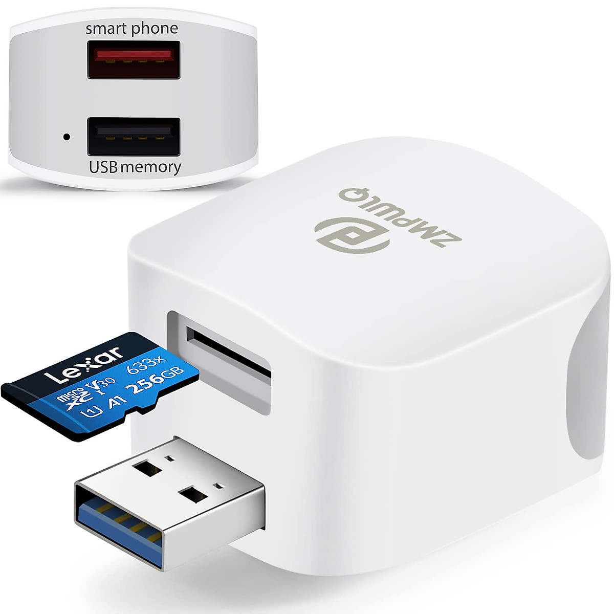 PL ZMPWLQ Auto Backup Adapter 256GB|Photo Stick| Photo & Video Backup Storage| Data Cube for Phone Pictures| Backup Flash Drive| external storage device| transfer photo device| for iPhone/iPad/Android