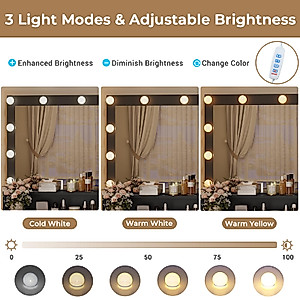 BTHFST Large Vanity Desk with Mirror and Lights, Makeup Vanity with Lights and Charging Station, Vanity Table with 5 Drawers and Storage Shelves, Makeup Desk with Nightstand, Black and Gold