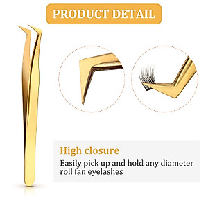 3 Pieces Volume Tweezers Eyelash Extension Tweezers Curved 6A Tip False Lash Tweezers Stainless Steel Precision Tweezers for Individual and 3D 6d Volume Eyelash Extension (Gold)