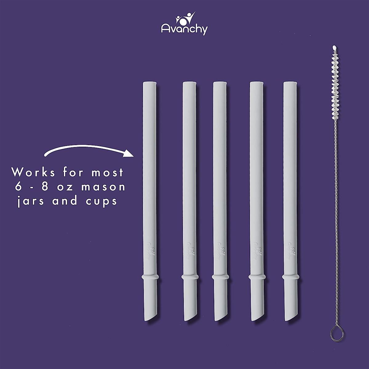 Avanchy Reusable Silicone Straws for Toddlers & Kids - 5 pcs Flexible Short Drink 5" Straws, BPA free, Baby Cup-Flexible Safe Fun Cute Thin for Chewing with Bendable Brush (White)