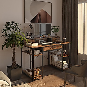 Treesland Computer Desk, 47" Office Desk with Monitor Shelf, Dual Tiers Home Office Gaming Desk with Drawers, Work Desk with Double-Layer Storage Rack, Stable Writing Desk, Rustic Brown