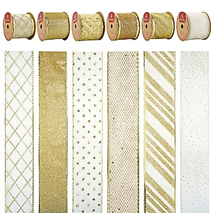 HUIHUANG Gold Christmas Ribbon - 2.5 inch Wide Gold Wire Edge Ribbons for Tree Decorations, Crafts, Gift Wrapping, Wreath, Garland, Bows - 6 Rolls x 6 Yards