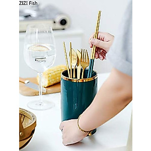 ZSQAI Ceramic Green Chopsticks Canister Ceramic Household Kitchen Utensils Cutlery Chopsticks Drain Basket Storage Rack