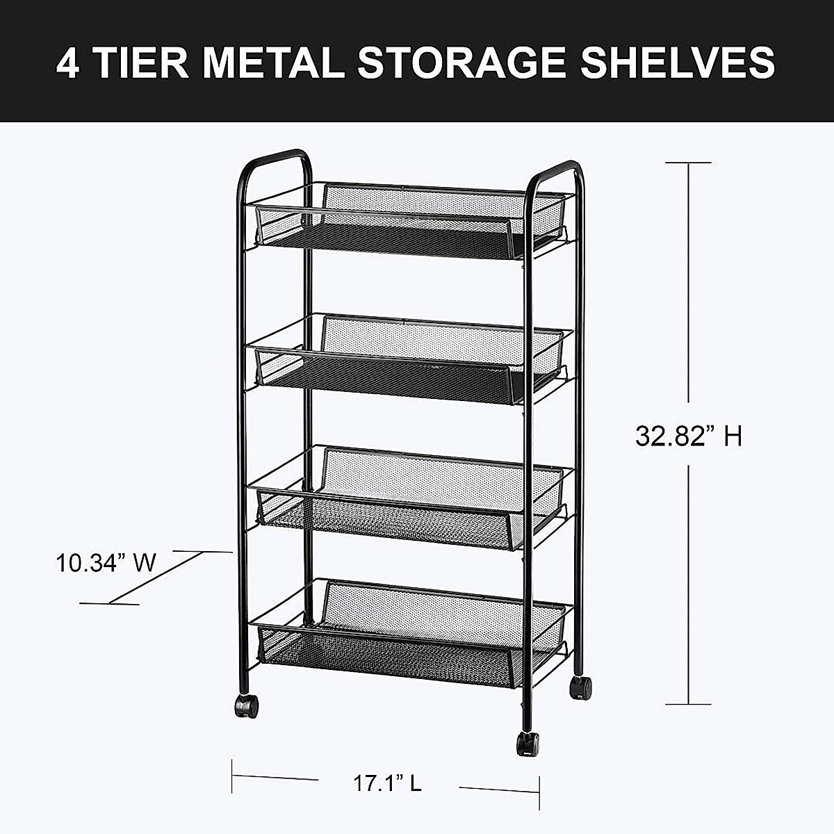 Halter 4 Tier Metal Storage Shelves with Wheels, Roller Cart Wire Storage Baskets, Office Rolling Cart Organizer, Black