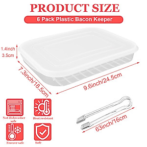 WOPPLXY 6 Pack Bacon Keeper, Plastic Deli Meat Container with Lids, Airtight Cold Cuts Storage Containers for Fridge Storage Box Food Shallow Low Profile Bacon Holder with 3 Pcs Buffet Serving Tongs