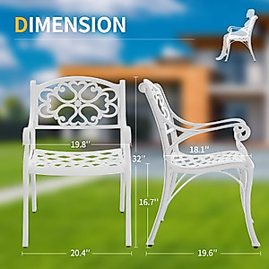 PATIO-IN Outdoor Patio Chairs Set of 2 Metal Patio Bistro Dining Chairs with Armrests,Cast Aluminum Patio Furniture Bistro Chairs for Porch,Poolside,White