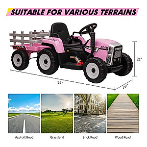 Nasitip 12V Kids Battery Powered Electric Tractor with Trailer, Toddler Ride On Car w/Remote Control/ 7-LED Headlights/ 2+1 Gear Shift/ MP3 Player/USB Port for Kids 3-6 Years (Pink, 25W/ Tread Tire)