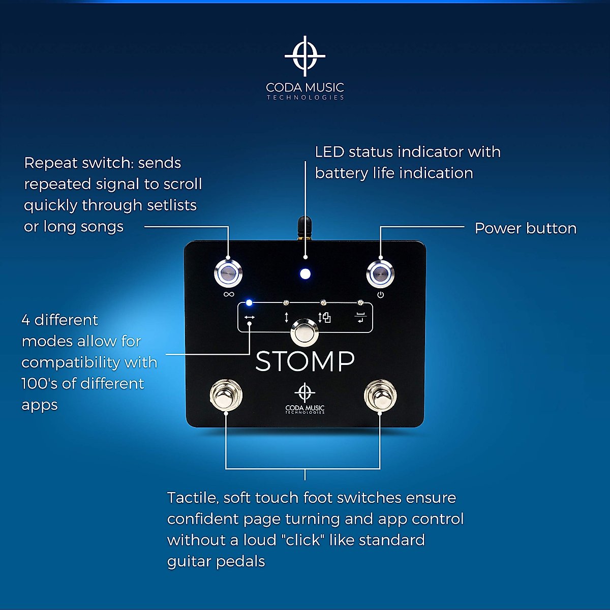 STOMP Bluetooth Page Turner Pedal for Tablets - Hands-Free Footswitch Pedal & App Controller - Compatible with IOS, Kindle Fire, iPhone, iPad, Mac and Android - Made in USA by Coda Music Tech (Black)