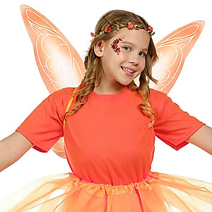 Funcredible Fairy Costume Accessories - Orange Fairy Wings and Flower Crown, Glitter - Tooth Fairy Cosplay Outfit for Women and Girls