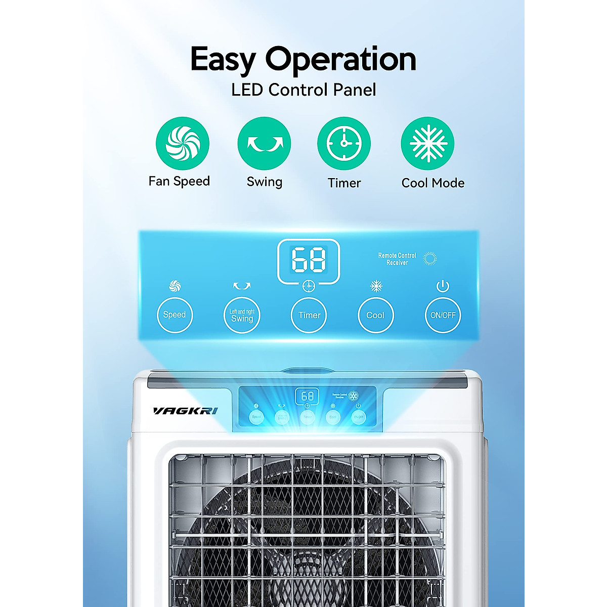 Evaporative Cooler, VAGKRI 2100CFM Air Cooler, 120°Oscillation Swamp Cooler with Remote Control, 24H Timer, 3 Wind Speeds for Outdoor Indoor Use,8 Gallon