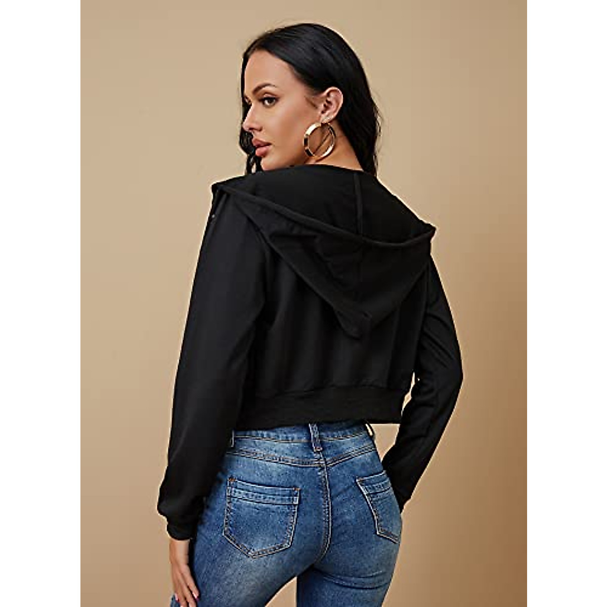 milanpavilion Women's Zip Up Hoodies Black Cropped Cardigan Jacket Drawstring Hooded Sweatshirts Casual Long Sleeve Top Medium