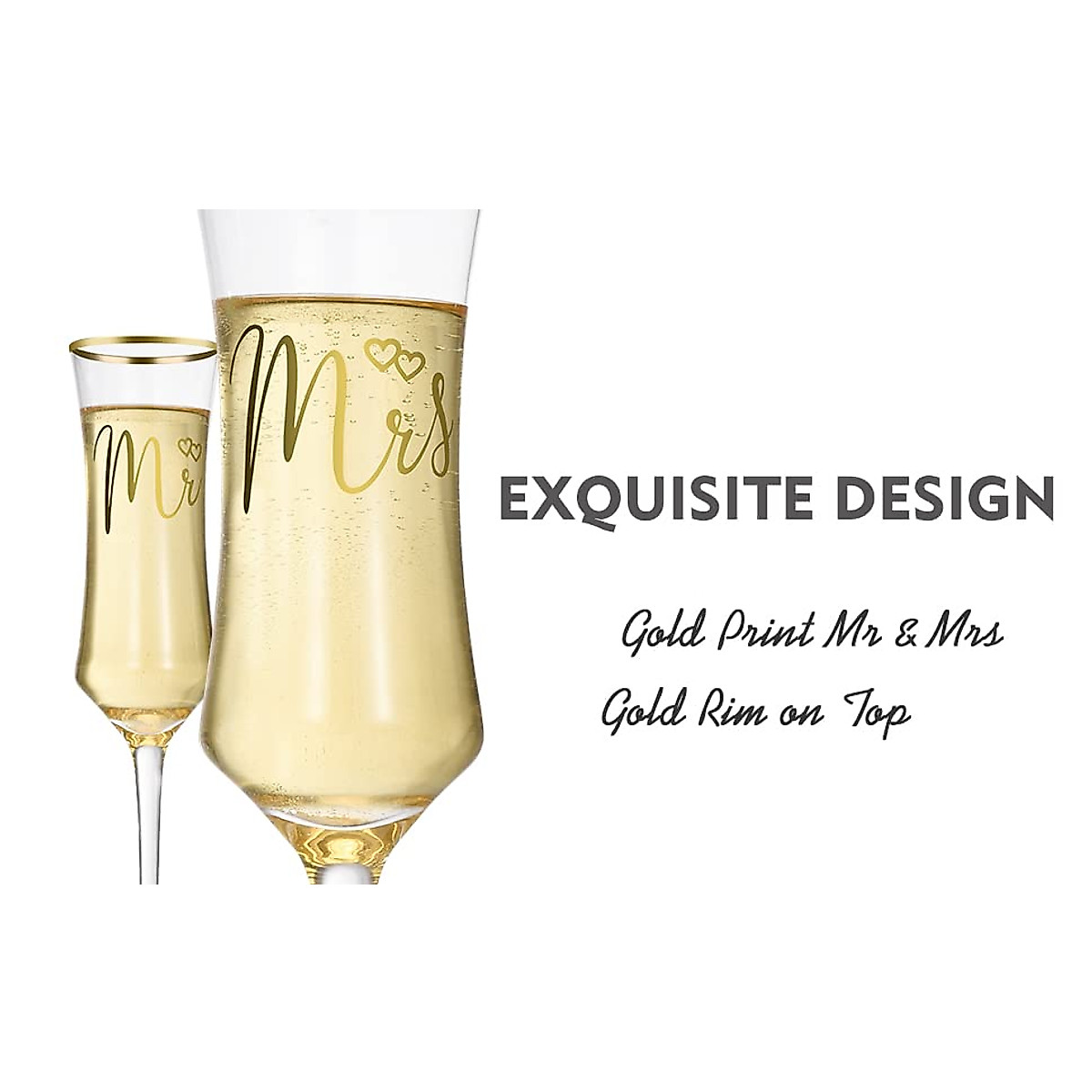 ROXBURGH Champagne Flutes Glasses Set of 2, Hand Blown Crystal Wedding Toasting Flutes for Bride and Groom, Long Stem Mr and Mrs Champagne Glasses for Wedding Engagement Anniversary Christmas Gifts