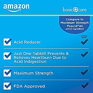 Amazon Basic Care Maximum Strength Famotidine Tablets 20 mg, Acid Reducer for Heartburn Relief, 200 Count ( pack of 1)