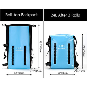 BASSDASH Waterproof TPU Backpack 24L Roll-Top Dry Bag with Rod Holder for Fishing, Hiking, Camping, Kayaking, Rafting
