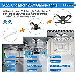 2 Pack LED Garage Lights, 4 +1 Panels 120W 15000LM-6500K Adjustable Ceiling Garage Light with E26/E27 Screw Base Deformable Lighting for Garage Barn Workshop Warehouse Residential High Bay Light