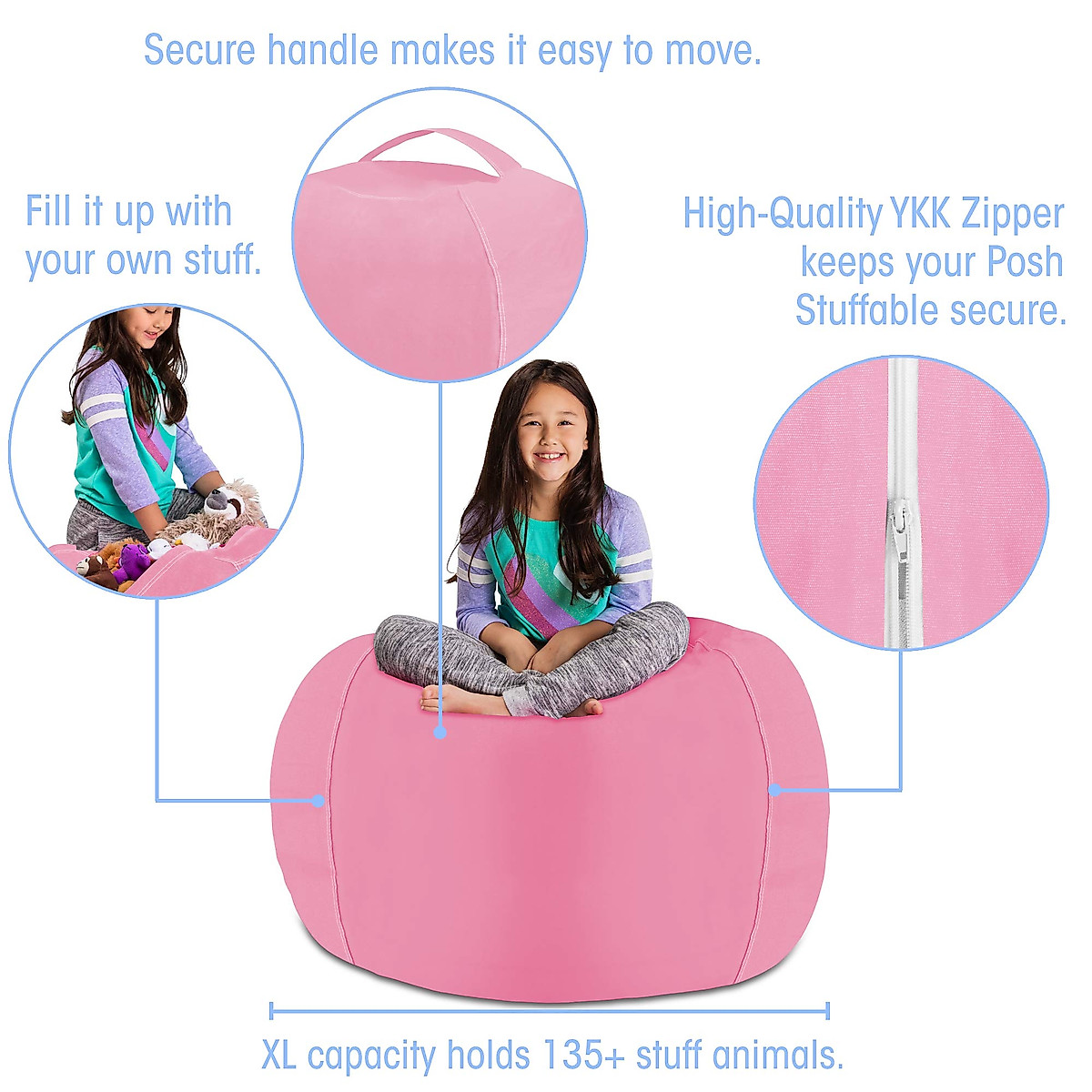 Posh Stuffable Kids Stuffed Animal Storage Bean Bag Chair Cover - Childrens Toy Organizer, X-Large 48" - Solid Pink