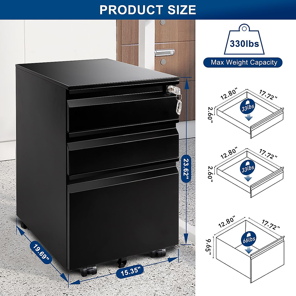 3 Drawers Filing Cabinet Office Drawers with Keys 19.69 D x 15.35" W x 23.62" H, Fully Assembled,Heavy Duty Filing Cabinet Vertical File Under Desk for Legal/Letter/A4 File, (Black)