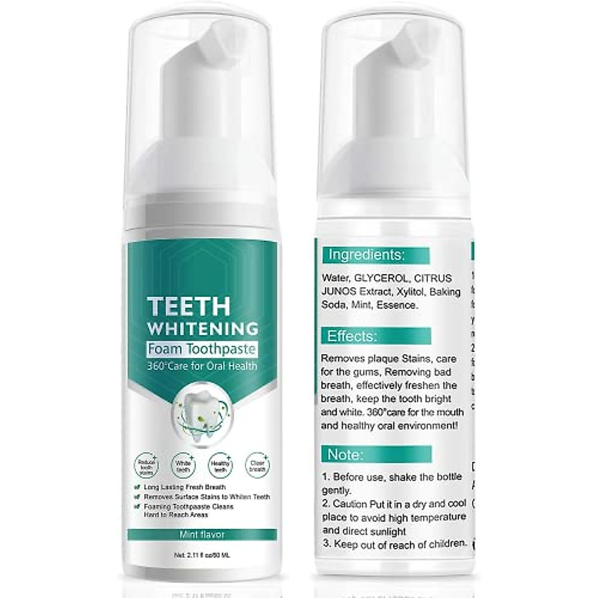 Teeth Whitening Toothpaste Foam-Baking Soda Toothpaste,Ultra-fine Mousse Deeply Clean Gums,Intensive Stain Removal,Travel Friendly, Easy to Use,Oral Care Toothpaste Replacement Mouth Wash Water(60ml)