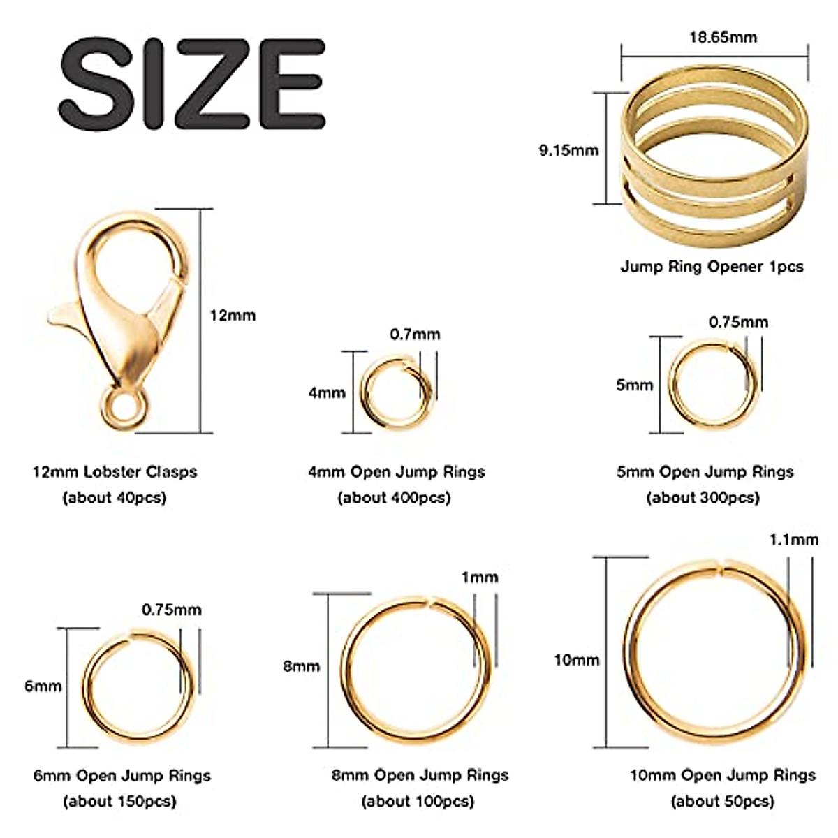 Handyman Crafts Jump Rings Kit With1000PCS Open Jump Rings 40PCS 12mm Lobster Clasps and Jump Rings Opener for Jewelry Making Keychains and Necklace Repair (Gold)