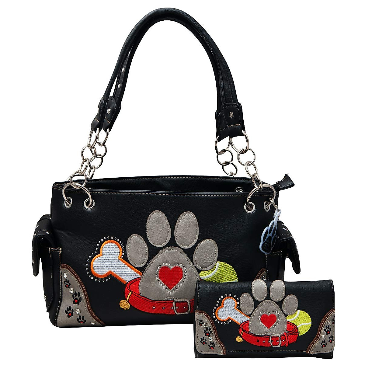 HW Collection Dog Paw Print Handbag Women Shoulder Purse Wallet Set Western Style (Black)