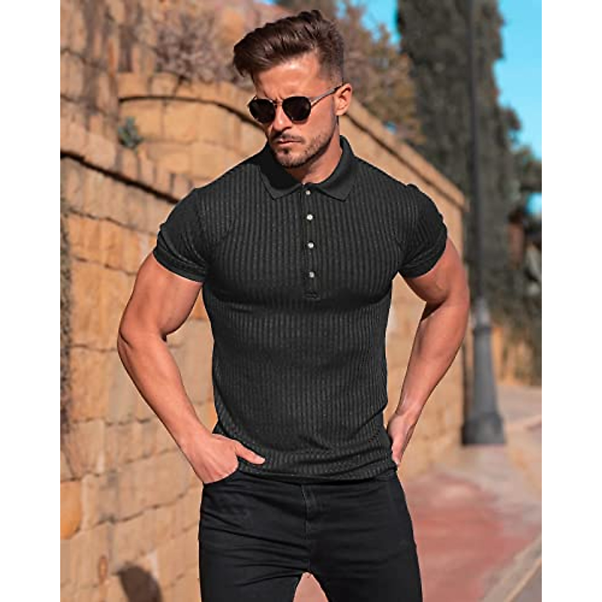 Muscle Polo Shirts for Men Short Sleeve Slim Fit Golf Shirts for Men Casual Dry Fit T Shirts Ribbed Knit Bowling Shirts Black Large