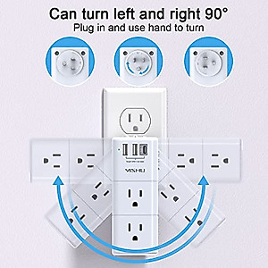 USB Multi Plug Outlet Extender - YISHU Surge Protector with Rotating Plug, 6 AC Plug Extender with 3 USB Ports, 3-Sided Swivel Power Strip with Spaced Outlet Splitter for Home, Office, Travel