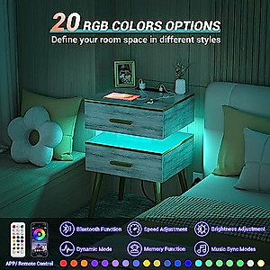 Cyclysio Night Stand with Charging Station, Modern Nightstand Bedside Tables with Led Lights, Bed Side Table Night Stand with Drawers for Bedroom and Sofa Side, 25'' Tall, White Oak Wood Finish