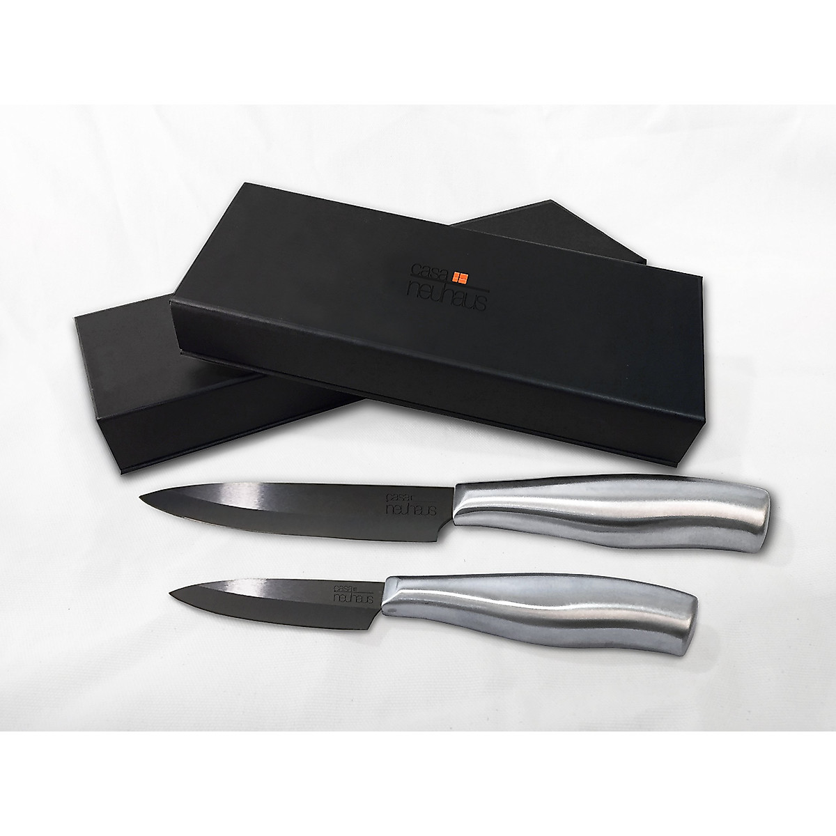 Casa Neuhaus Black Series Utility Set Ceramic Knives - 3 inch Paring Knife & 5 inch Utility Knife - Black Ceramic Blade & Stainless Steel Handle - Includes Knife Sheath and Black Series Gift Box