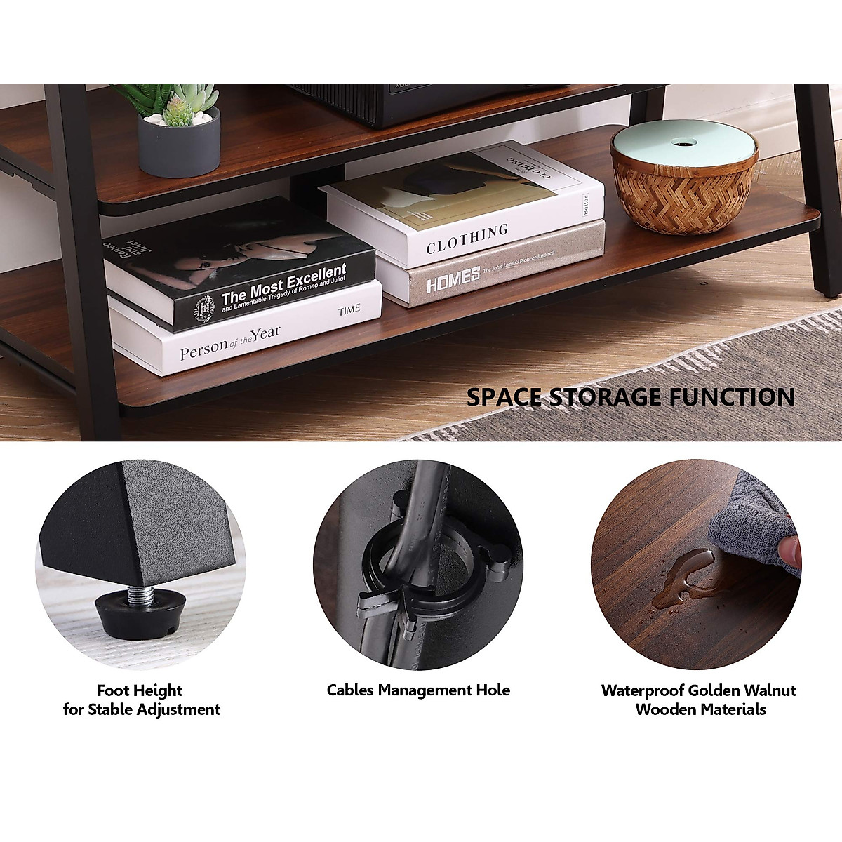 FITUEYES 3-Tier Floor TV Stand for 37-70 Inch TVs Entertainment Center Stand with Storage-Height Adjustable TV Console Stands with Walnut Board & Cable Management, VESA 600x400mm