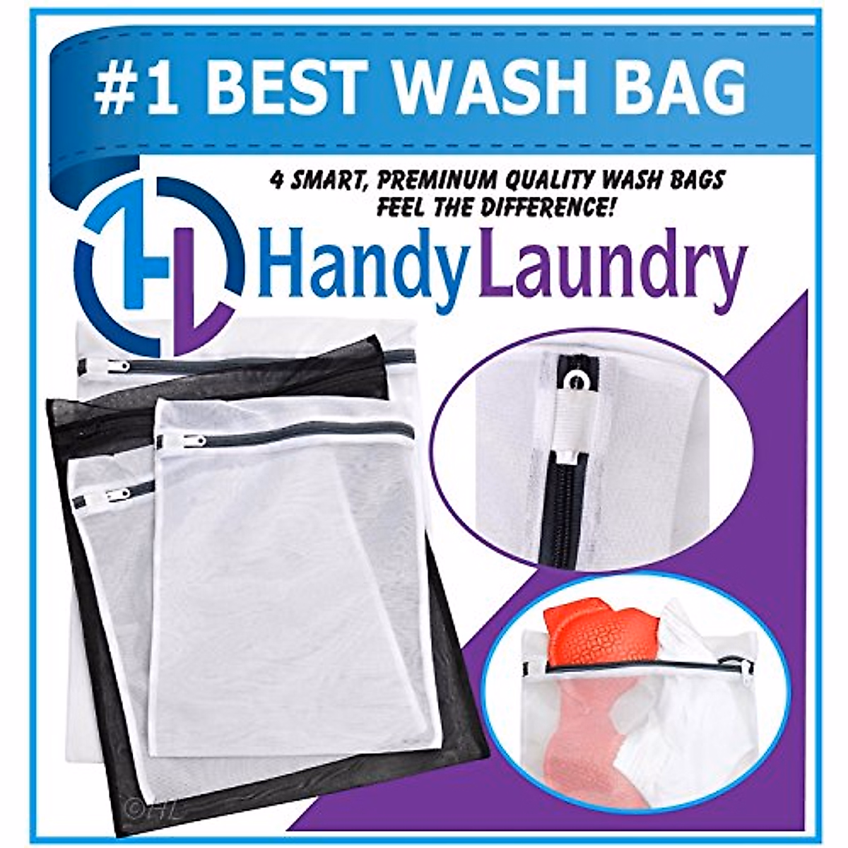 Laundry Lingerie Bags - 4 Pack - Multi-Size Washing Bags with Zipper for Lingerie, Underwear, Bra, Stockings or Baby Items. Protect Your Delicates from Getting Entwined with The Rest of Your Laundry.