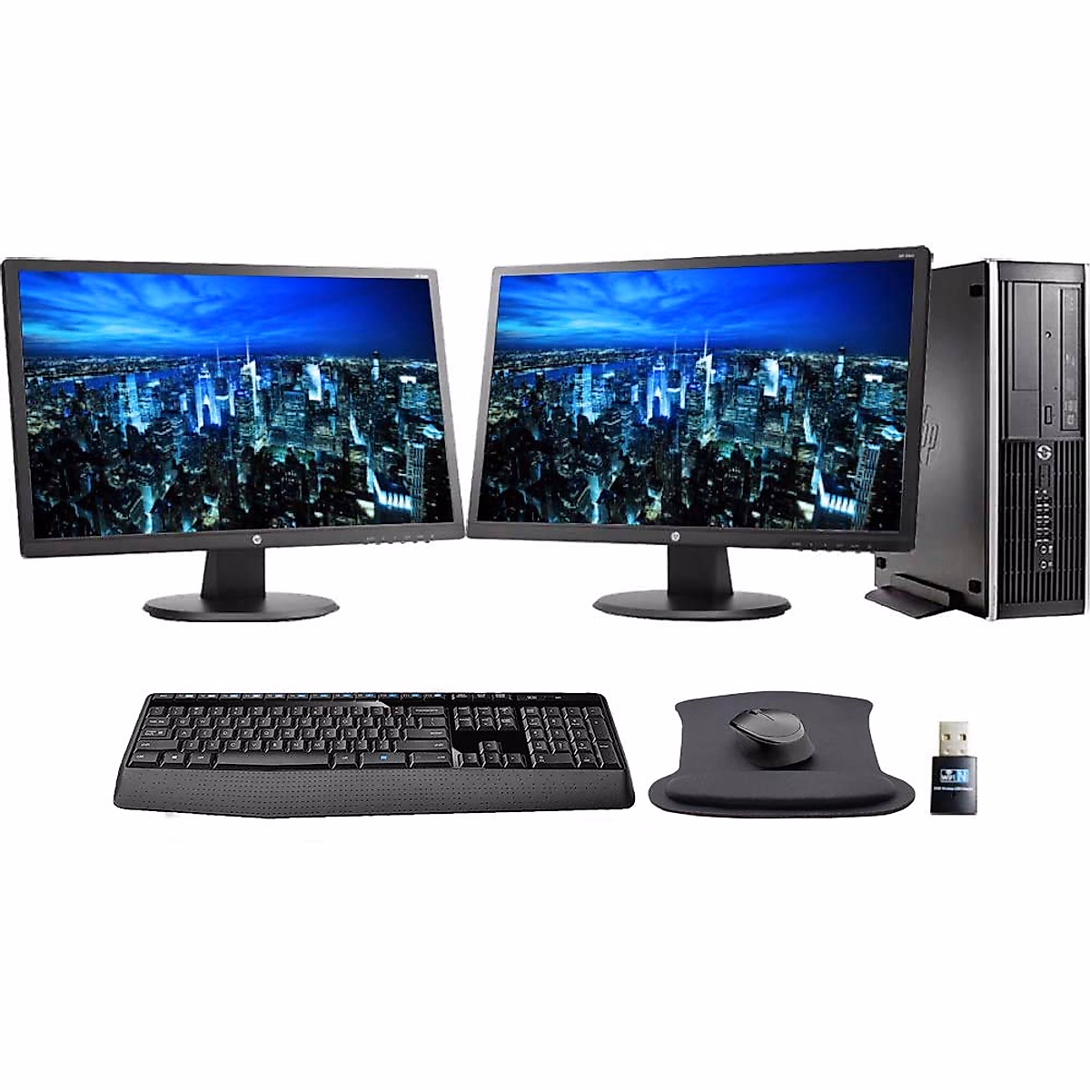 HP Elite 8300 PC with 2 x 24 inch 24UH Monitors, Wireless Keyboard and, Gel Pad, WiFi, Intel i5, 8GB, 480GB SSD Storage, Windows 10 (Renewed)