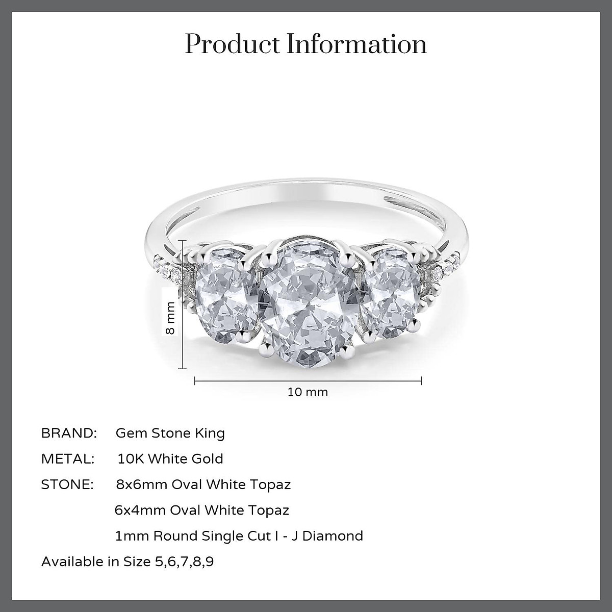 Gem Stone King 10K White Gold White Topaz and Diamond Accent 3-Stone Engagement Ring For Women (2.35 Cttw) (Size 8)