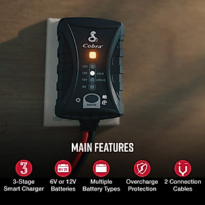 Cobra Battery Charger 2A - 6V/12V Battery Charger & Maintainer with Battery Clamps & Ring Terminals for Cars, SUVs, ATVs & Boats