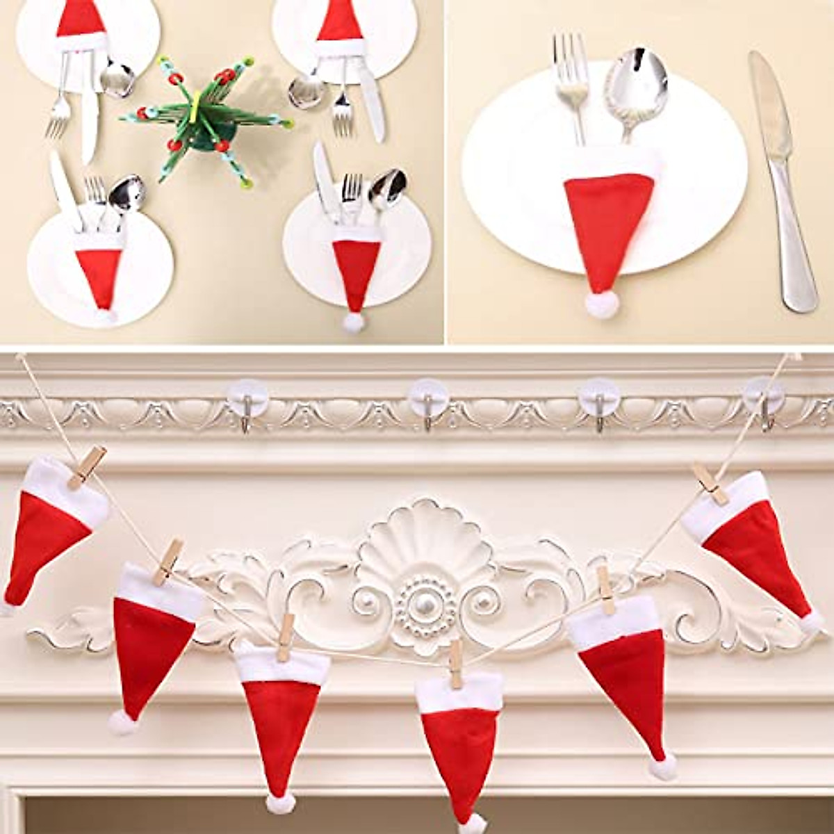 nanaxagly Christmas Santa Hats Silverware Holders Xmas Tableware Fork Spoon Knife Storage Bag - Xmas Party Dinner Table Dinnerware Decorations Supplies, 10PCS Mini Santa Hats