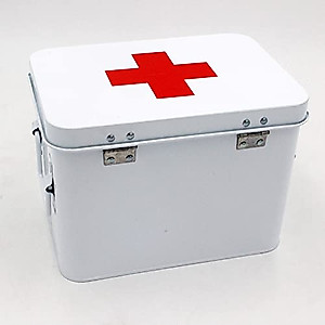 Funly mee Vintage First aid Box for Home, Medicine Tin, Empty White Metal Medicine Storage Box (Medium-8.2 × 6 × 6 inches)