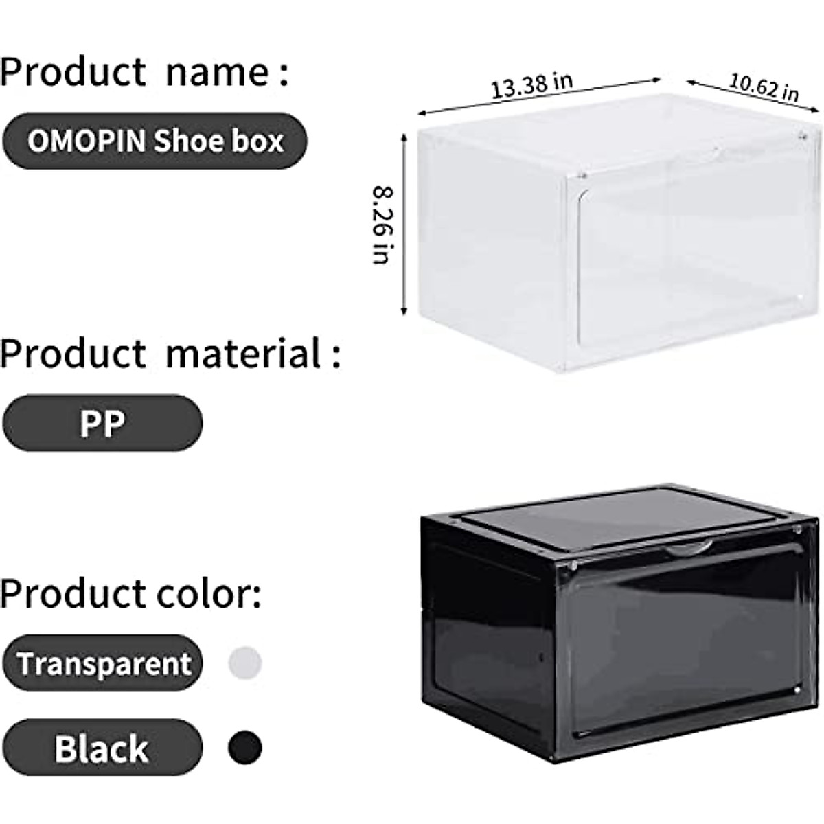 OMOPIN XL Shoe Storage Box,Drop Side Shoe Box,8 Pack Shoe Containers,Sneaker Display Case,Shoe Boxes Clear Plastic Stackable size13.4”x 10.6”x 8.3” Fit up to US 13 (Black 8 Pack)