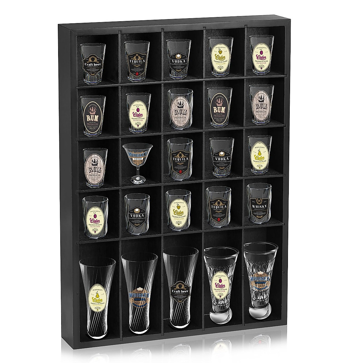 DARCKLE Shot Glass Display Case for Wall, Wood Holds Set of 30 Glasses Shot Glass Holder Display Shelf, 17'' x 12''-3'' x 2'' (Black, 1PCS)