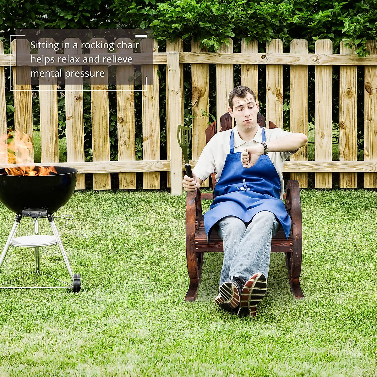 Ynredee Wooden Rocking Chair,Patio Rocker Chair with Slatted Design and Oversized Back Wagon Wheel Armrest for Porch,Poolside,Garden
