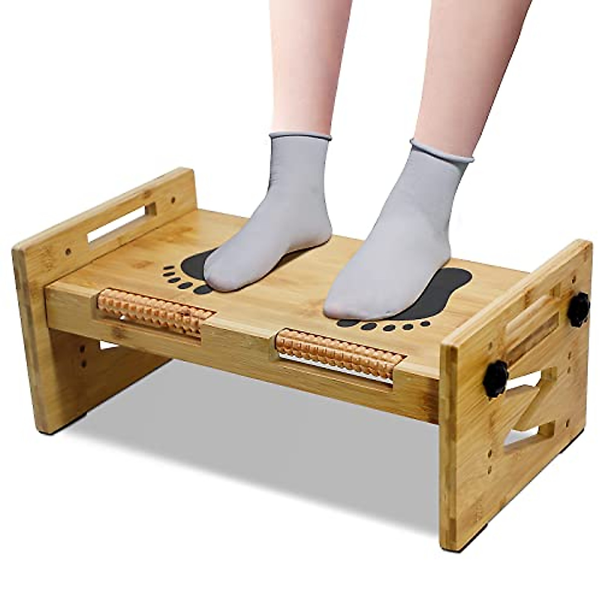 Under Desk Foot Rest,Ergonomic Office Foot Rest with 5 Adjustable Height Position, Bamboo Foot Stool Under Desk with Massage Roller & Non-Slip Bottom at Home, Office