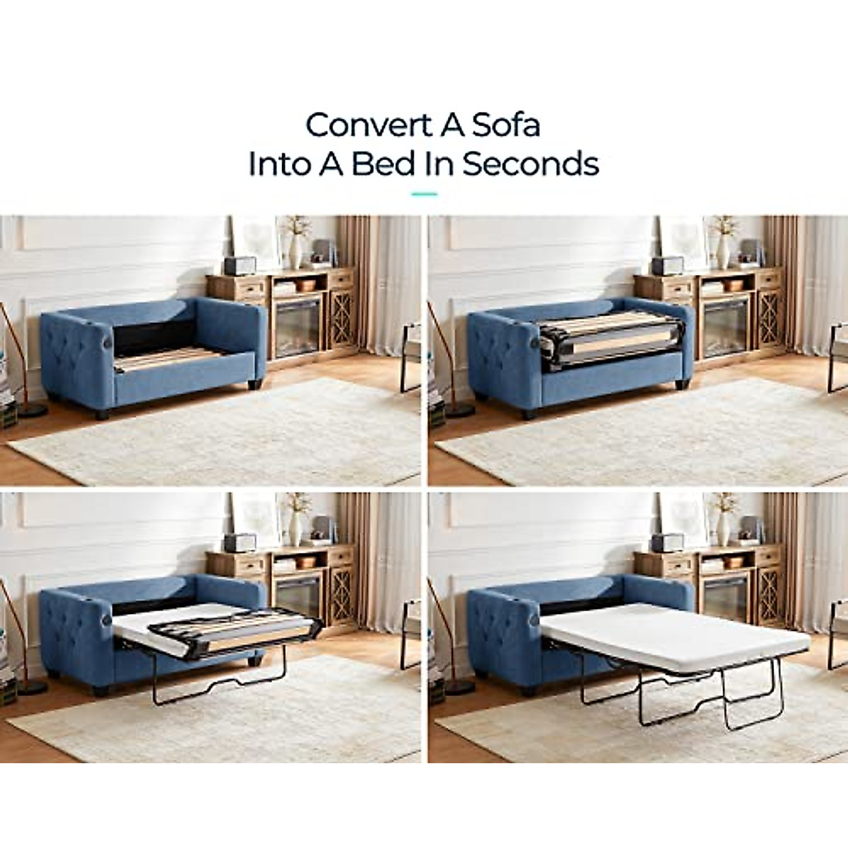 LINSY HOME Pull Out Sofa Bed, 2-in-1 Convertible Sleeper Couch with Memory Foam Mattress, Two Seat Loveseat Sleeper Sofa Bed for Living Room, Blue, Full Size