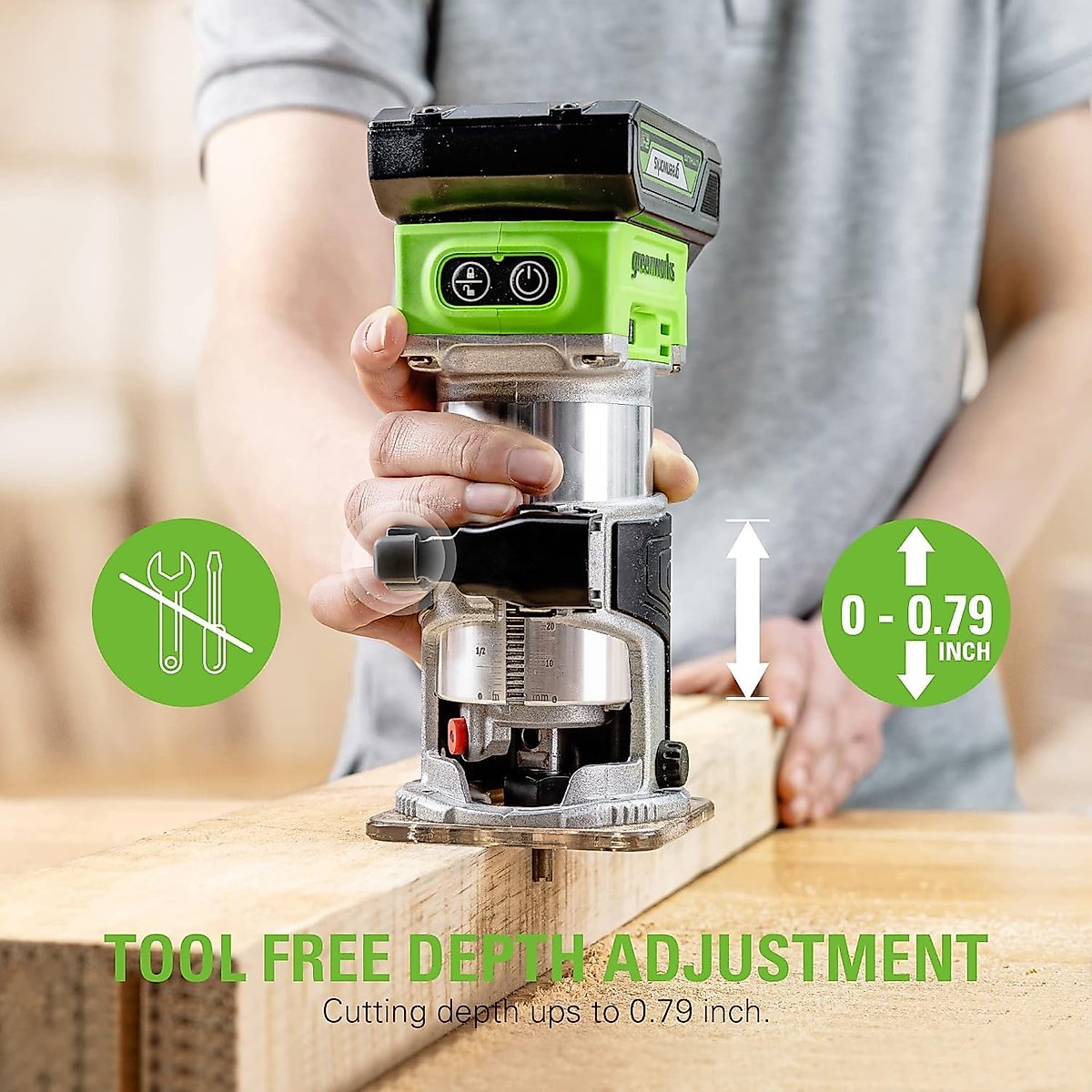 Greenworks 24V Cordless Trim Router, Variable Speed Brushless Motor Compact Palm Router with 2Ah Battery and Charger