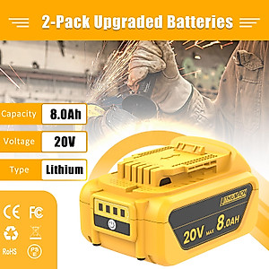 20V 8.0Ah Replacement for Dewalt 20V Max Battery, Compatible with Dewalt 20V Battery Max XR Cordless Tools DCB206 DCB200 DCB201 DCB204 DCB207 DCD/DCF/DCG Series 2Pack